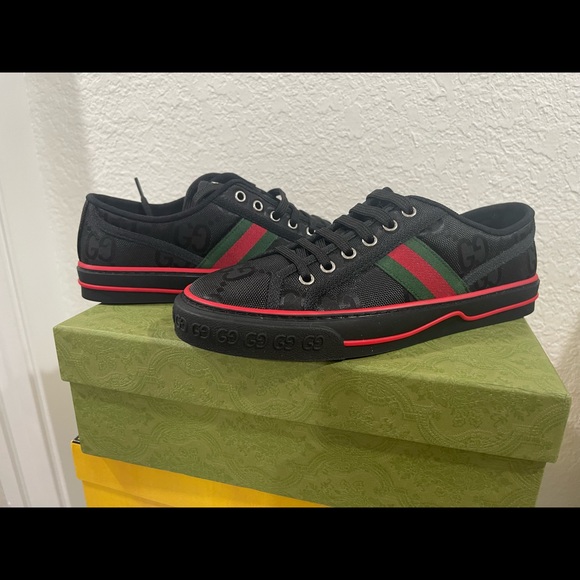Gucci | Shoes | Authentic Black Gucci Sneakers With Red Details | Poshmark